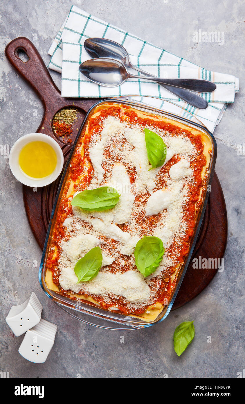 classic vegetarian lasagna on a gray stone background Stock Photo - Alamy