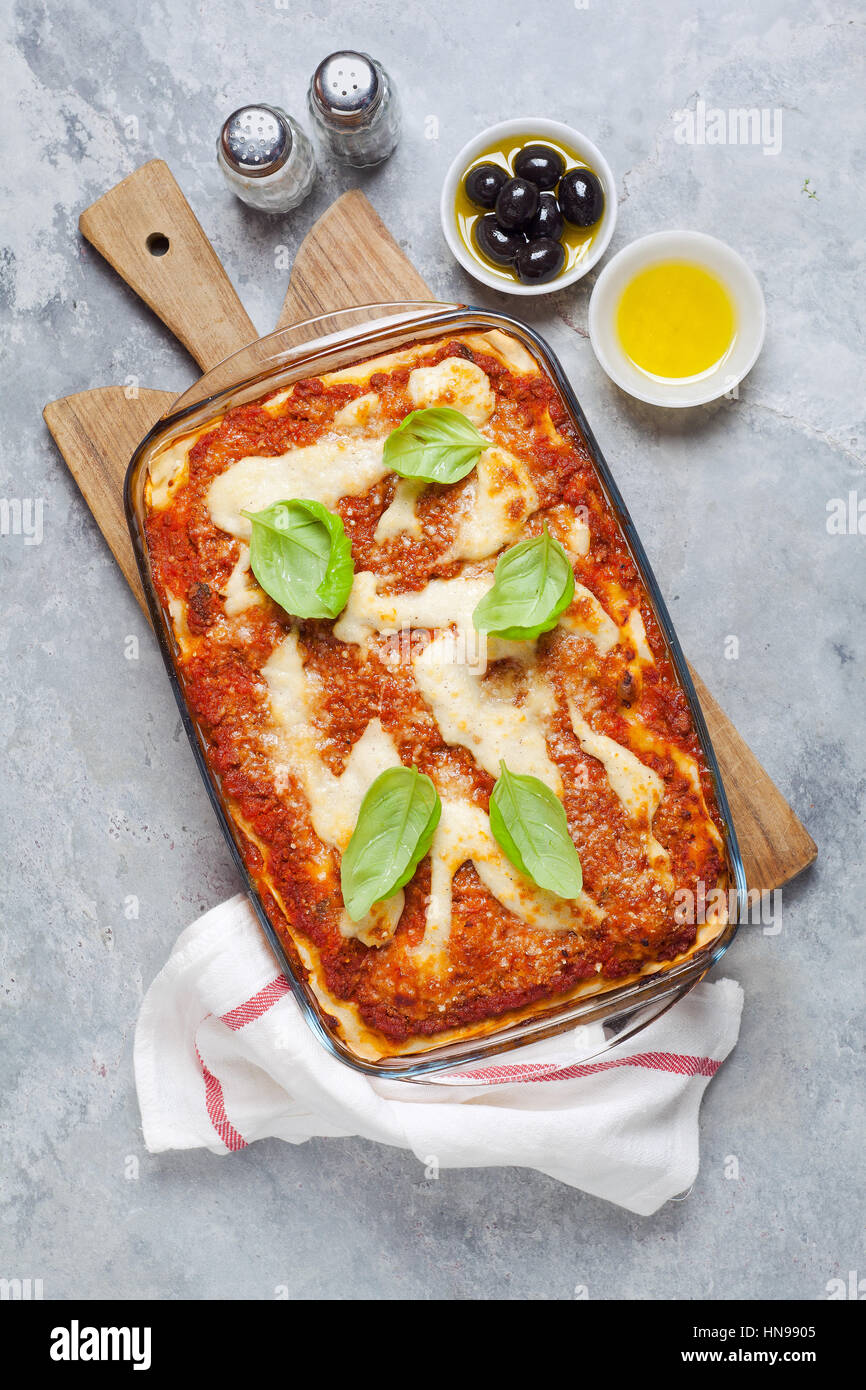 classic vegetarian lasagna on a gray stone background Stock Photo - Alamy