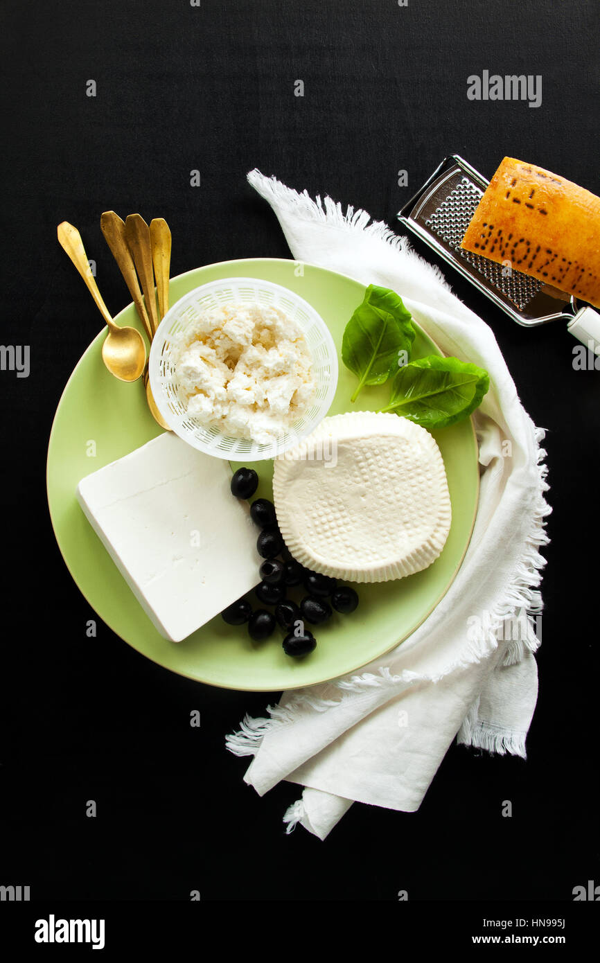 Ricotta, Feta and sheep Cheese. group of white cheeses on the ...