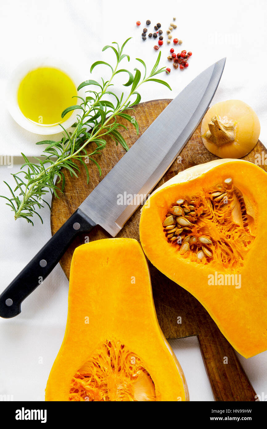 pumpkin and chef knife. Ingredients Stock Photo - Alamy