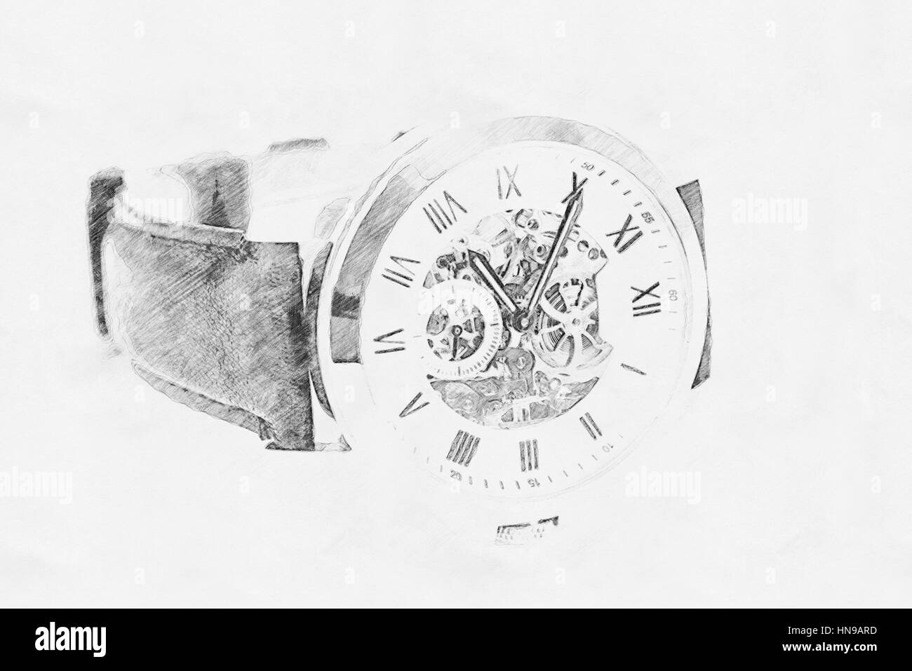 Mechanical Watch Concept Sketch With Visible Mechanism Stock Photo - Alamy