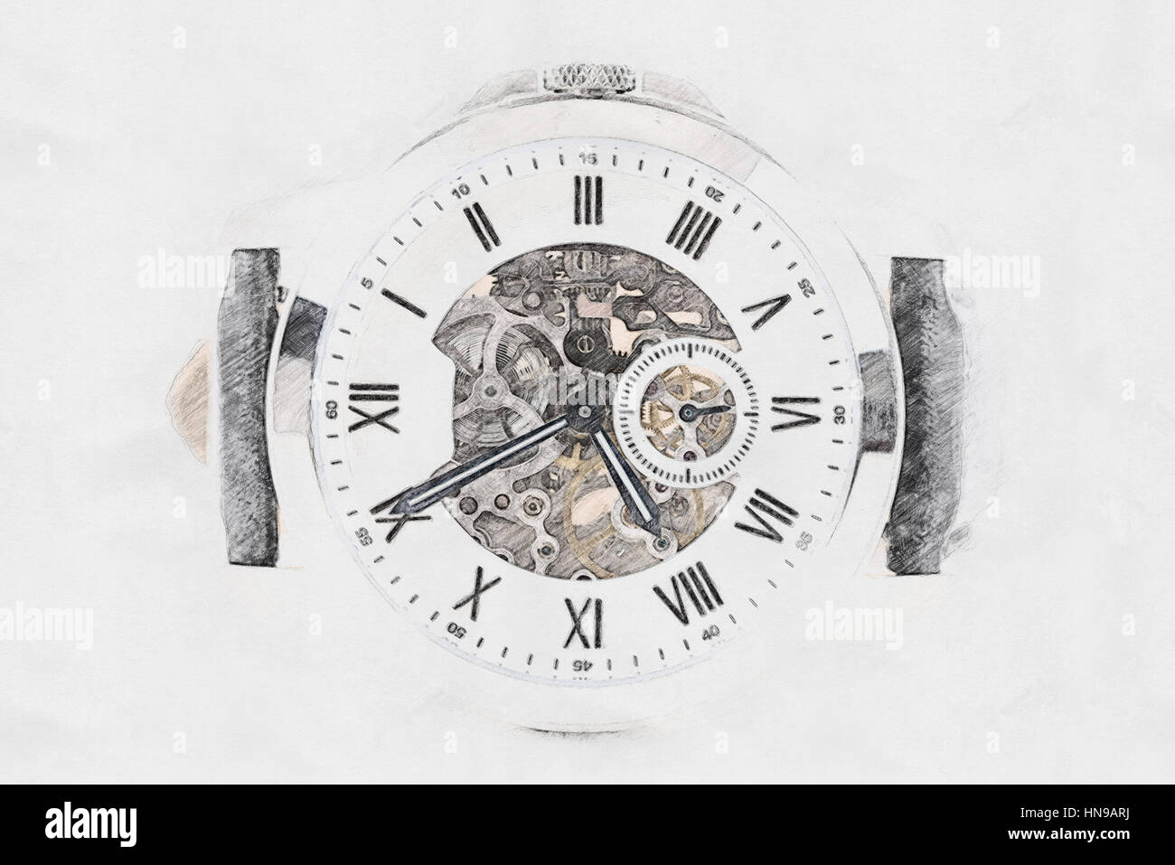 Mechanical Watch Concept Sketch With Visible Mechanism Stock Photo - Alamy