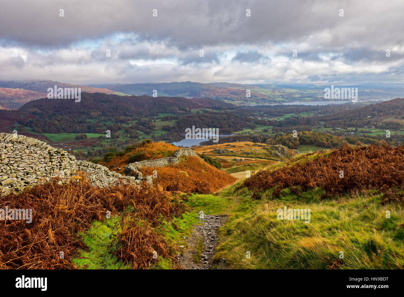 South Lakeland fells from Lingmoor Fell with Elter Water and Windermere ...