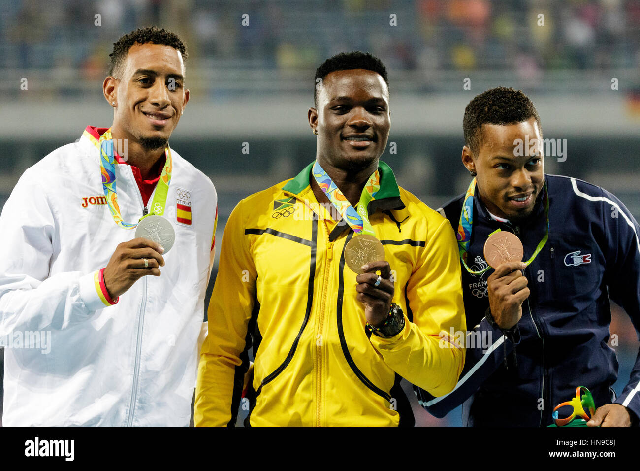 Rio de Janeiro, Brazil. 17 August 2016. Omar Mcleod (JAM) gold medal ...