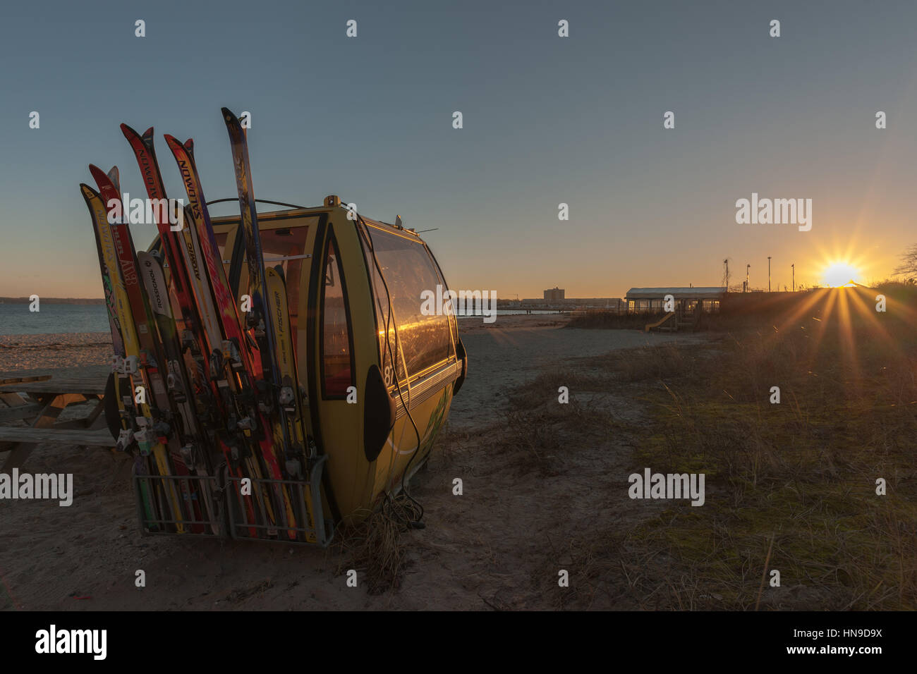 The beach of Strande community with a ski lift cabin, a present from a ...
