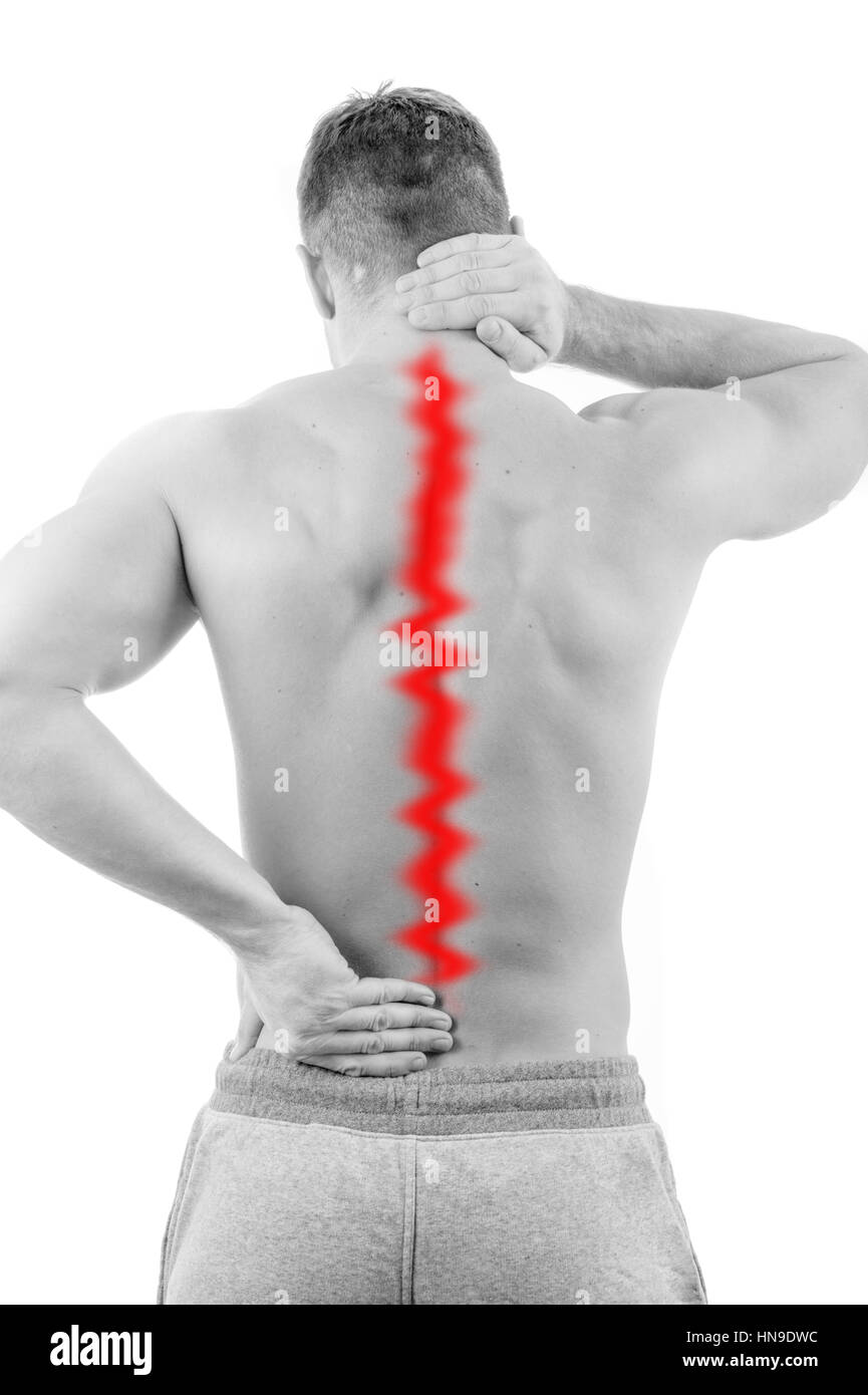 Man with back pain over white background Stock Photo - Alamy