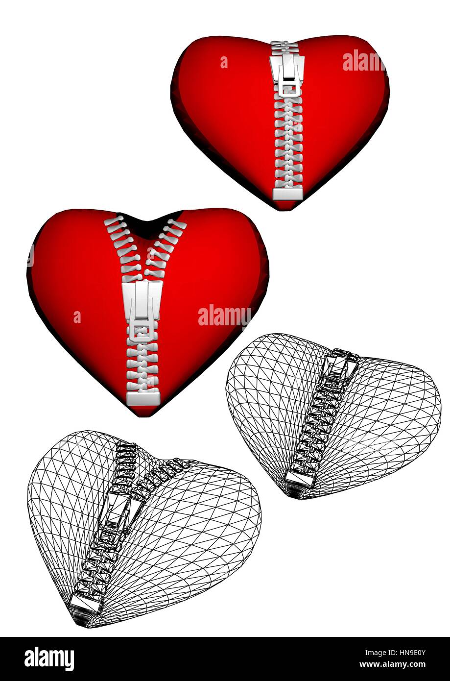 set of hearts with zipper. opening and closed hearts with zipper Stock ...