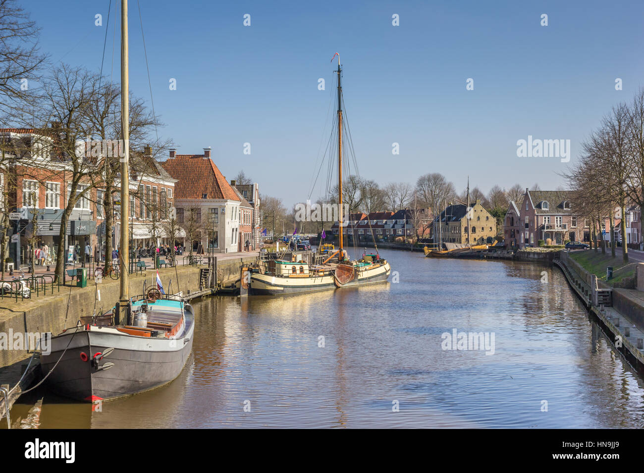 Traditional sailing boats at the quay in Dokkum, Netherlands Stock ...