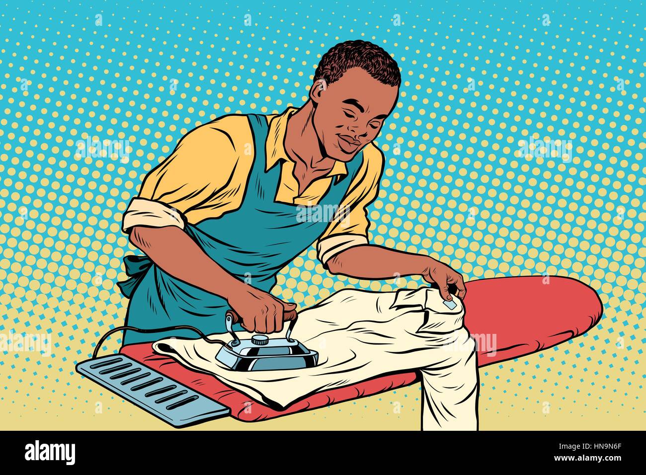 Vintage employee ironed clothes. pop art retro vector illustration ...