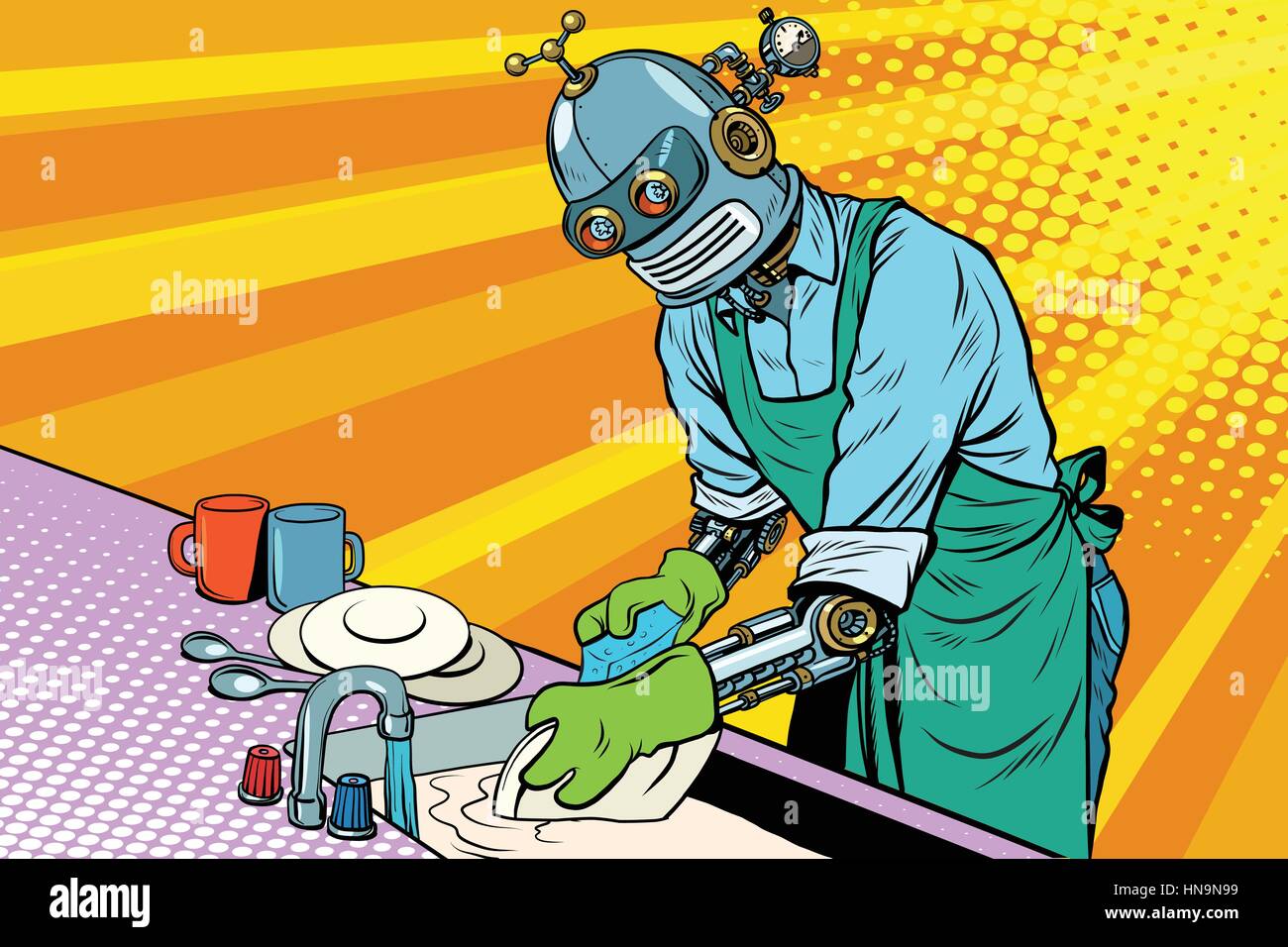 Vintage worker robot washes dishes. pop art retro vector illustration ...