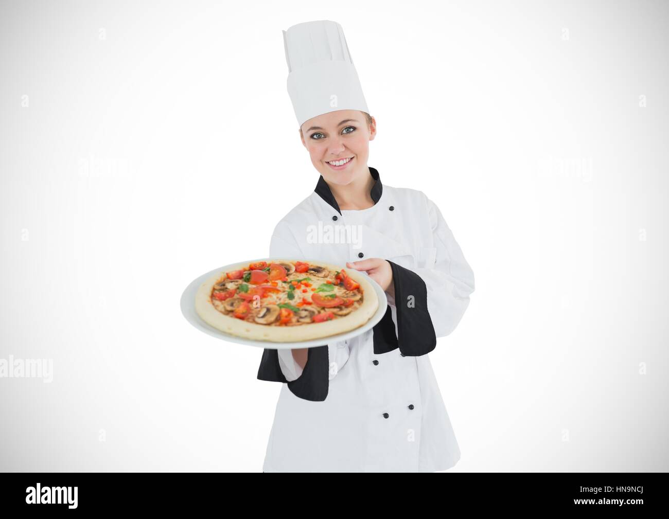 Digital composite of Chef with pizza against white background Stock ...