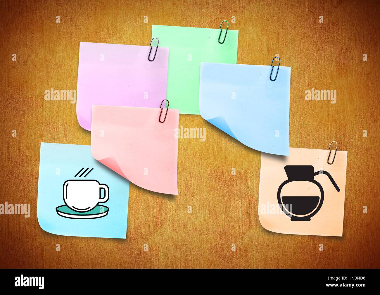 Digital composite of Sticky Note showing Coffee Icons against a brown ...