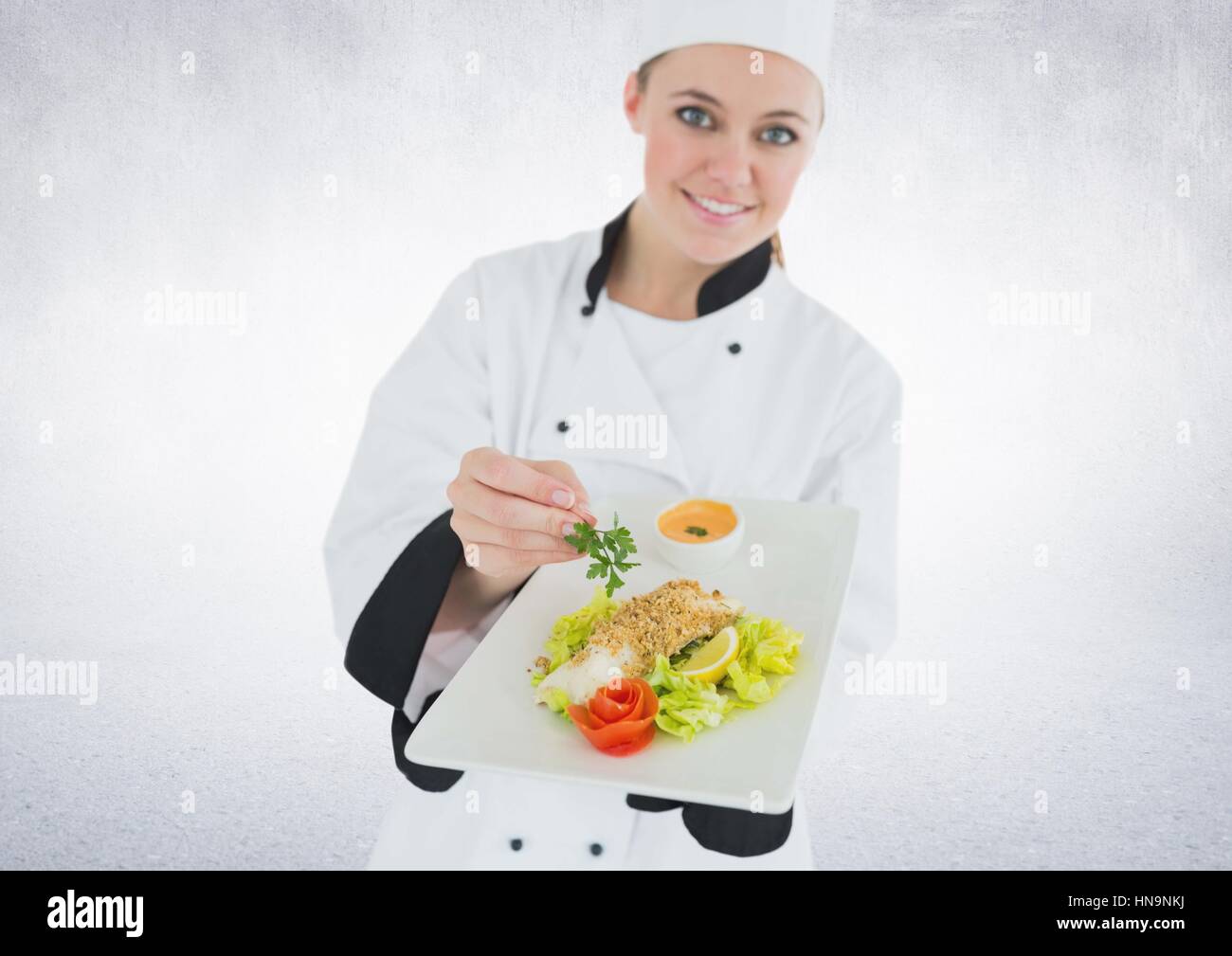 Digital composite of Chef with plate of food against white background ...