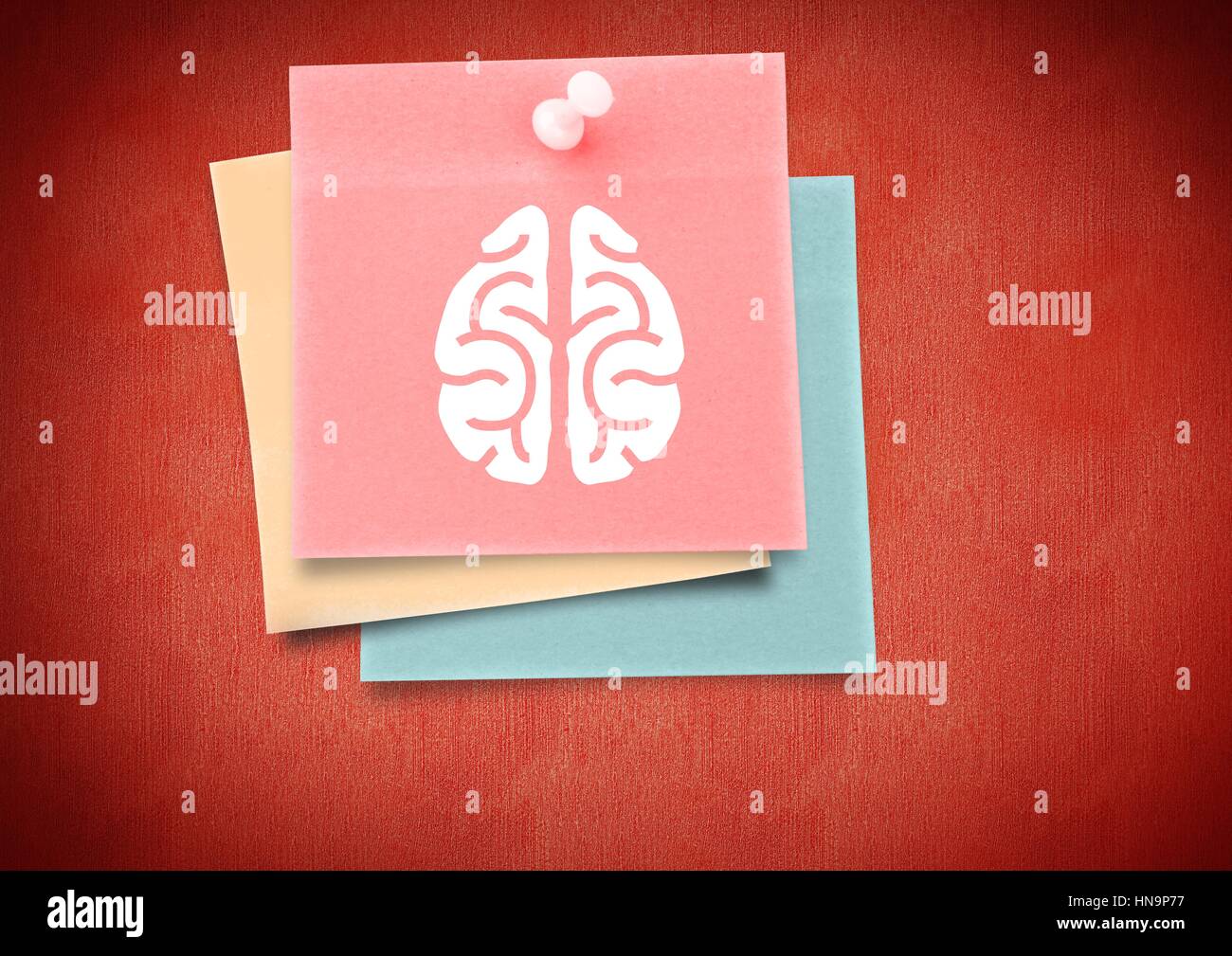 Digital composite of colored Sticky Note Brain icon against red ...