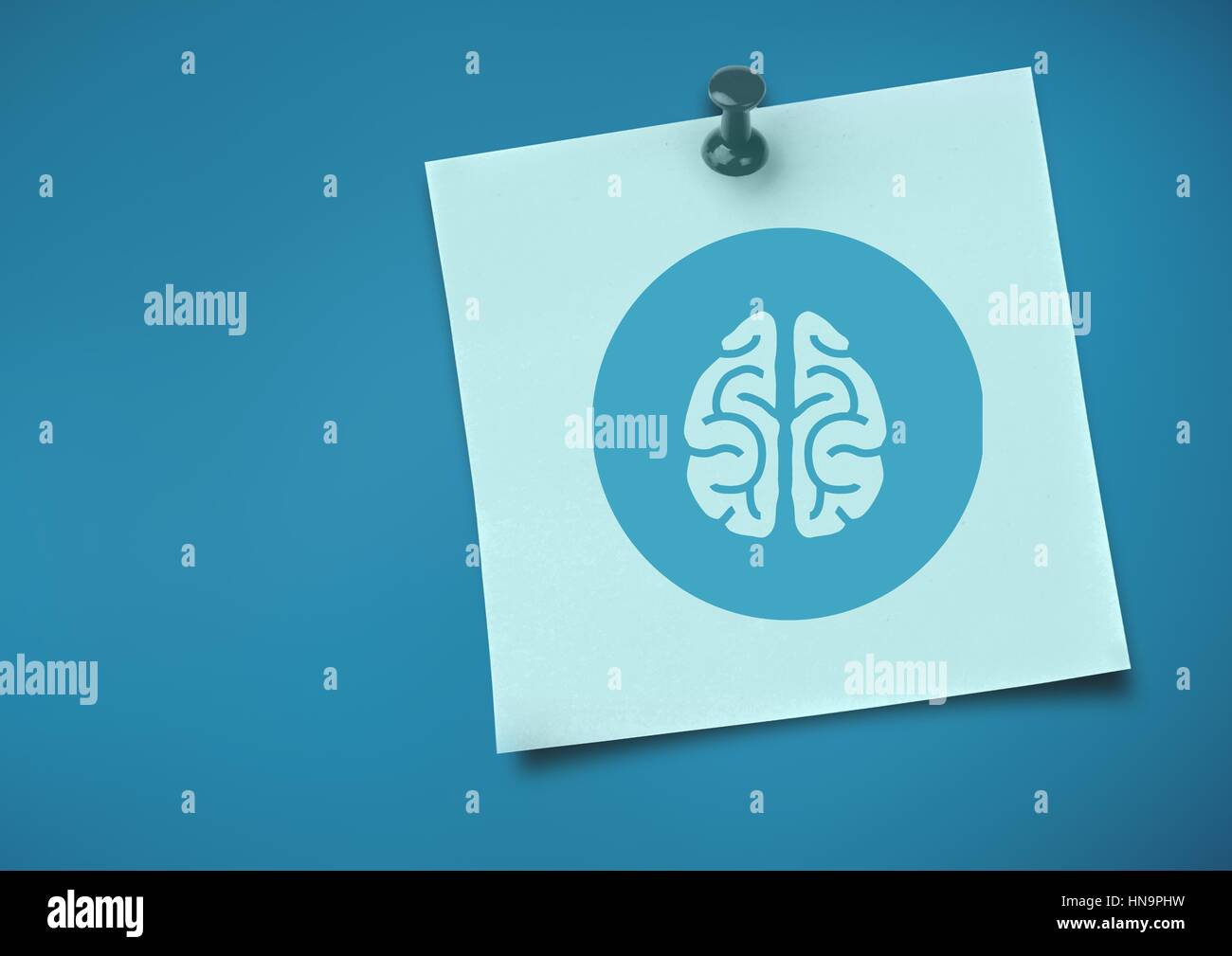 Digital composite of Sticky Note with brain Icon against neutral blue ...