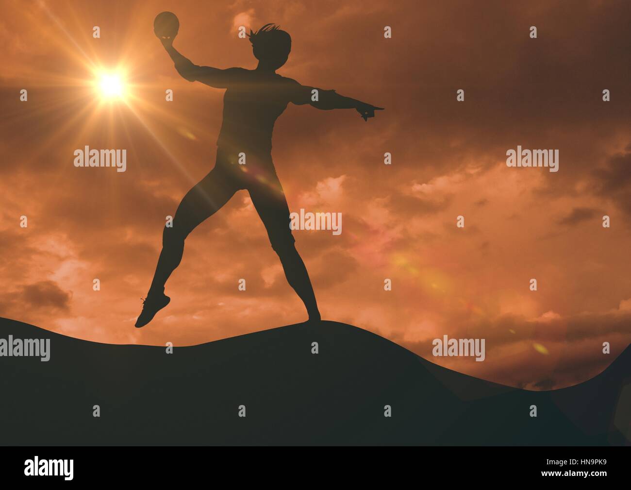 Digital composite of Silhouette making volleyball against sky with ...
