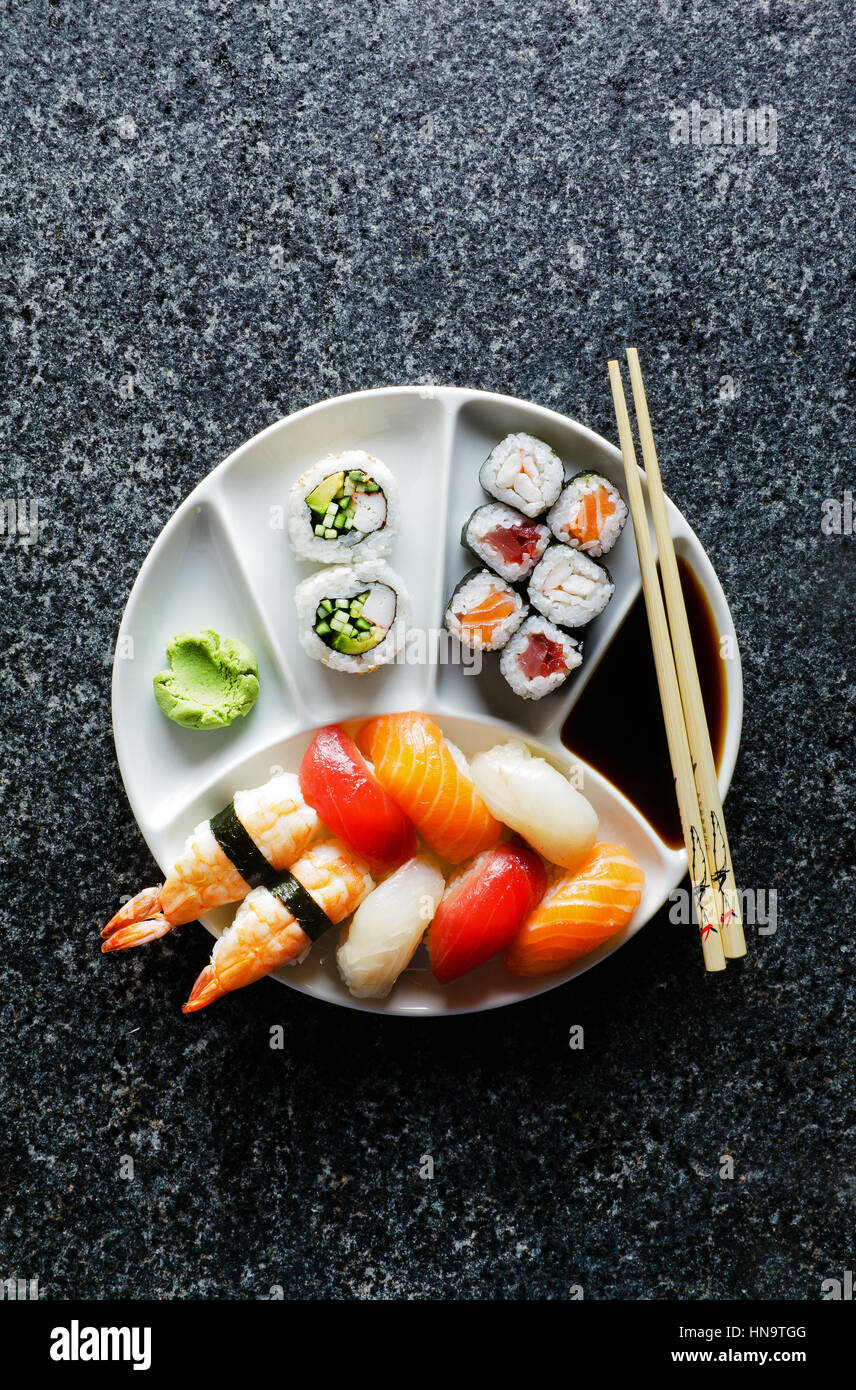 sushi menu . Sushi Set nigiri and sushi rolls, maki, wasabi Stock Photo ...