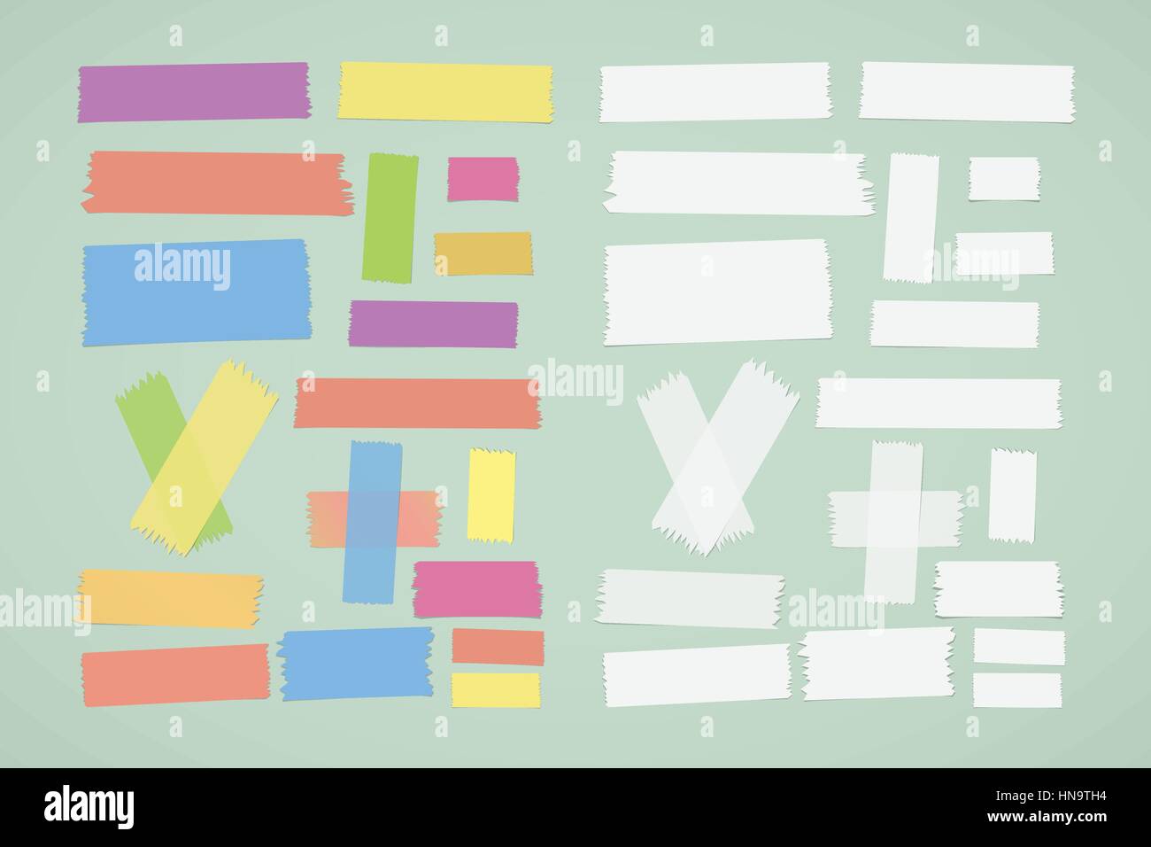 Different size colorful and white sticky paper, adhesive, masking tape ...