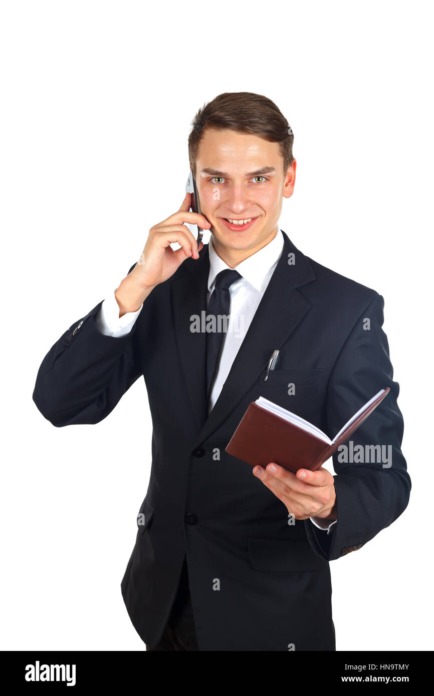 Portrait of a confident businessman talking on the phone on isolated ...