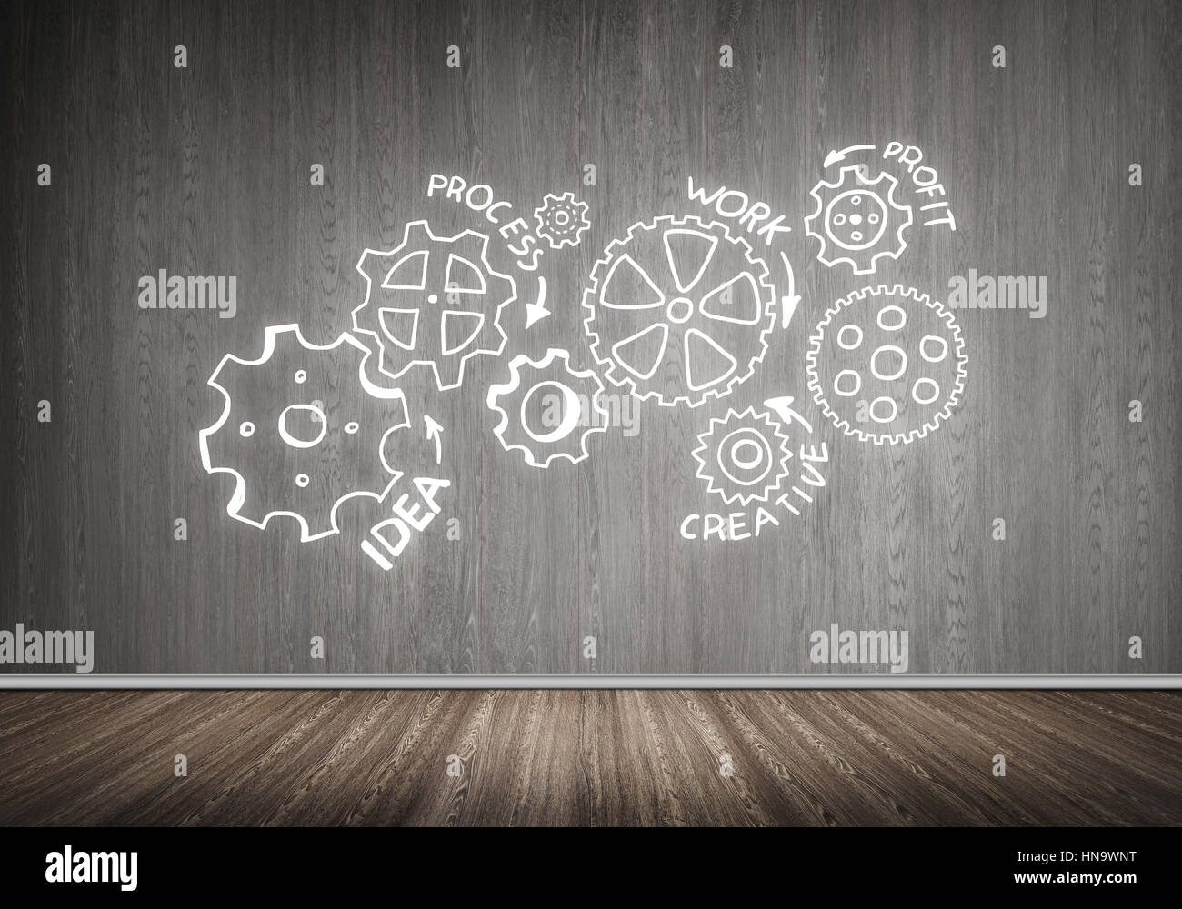 Gear hand drawn mechanism on gray wall Stock Photo - Alamy