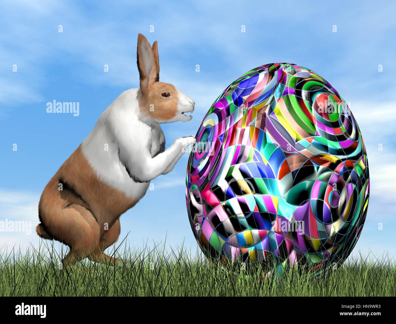 Rabbit pushing one colorful egg for Easter by day - 3D render Stock ...