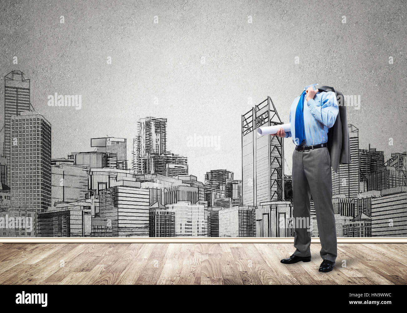 Headless engineer man with papers in hand against construction ...