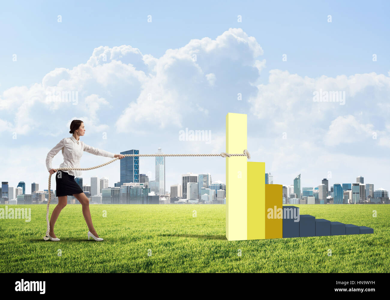 Young woman outdoors and growing graph presenting growth progress Stock ...