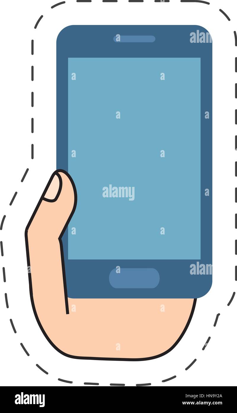 hand holding blue smartphone device-cut line vector illustration eps 10 ...
