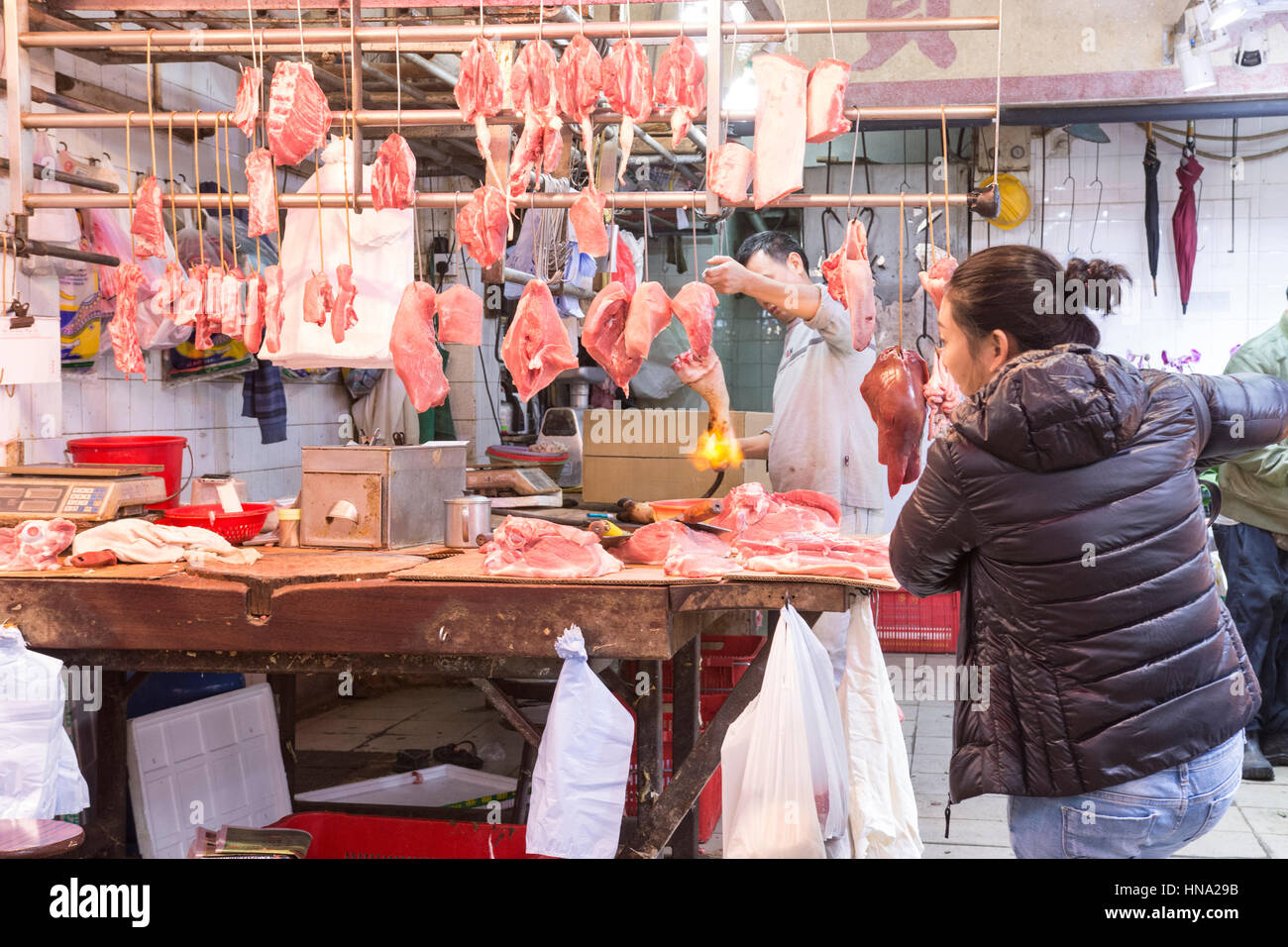 a butcher's shop on the streets of Mong Kok district in Hong Kong Stock ...
