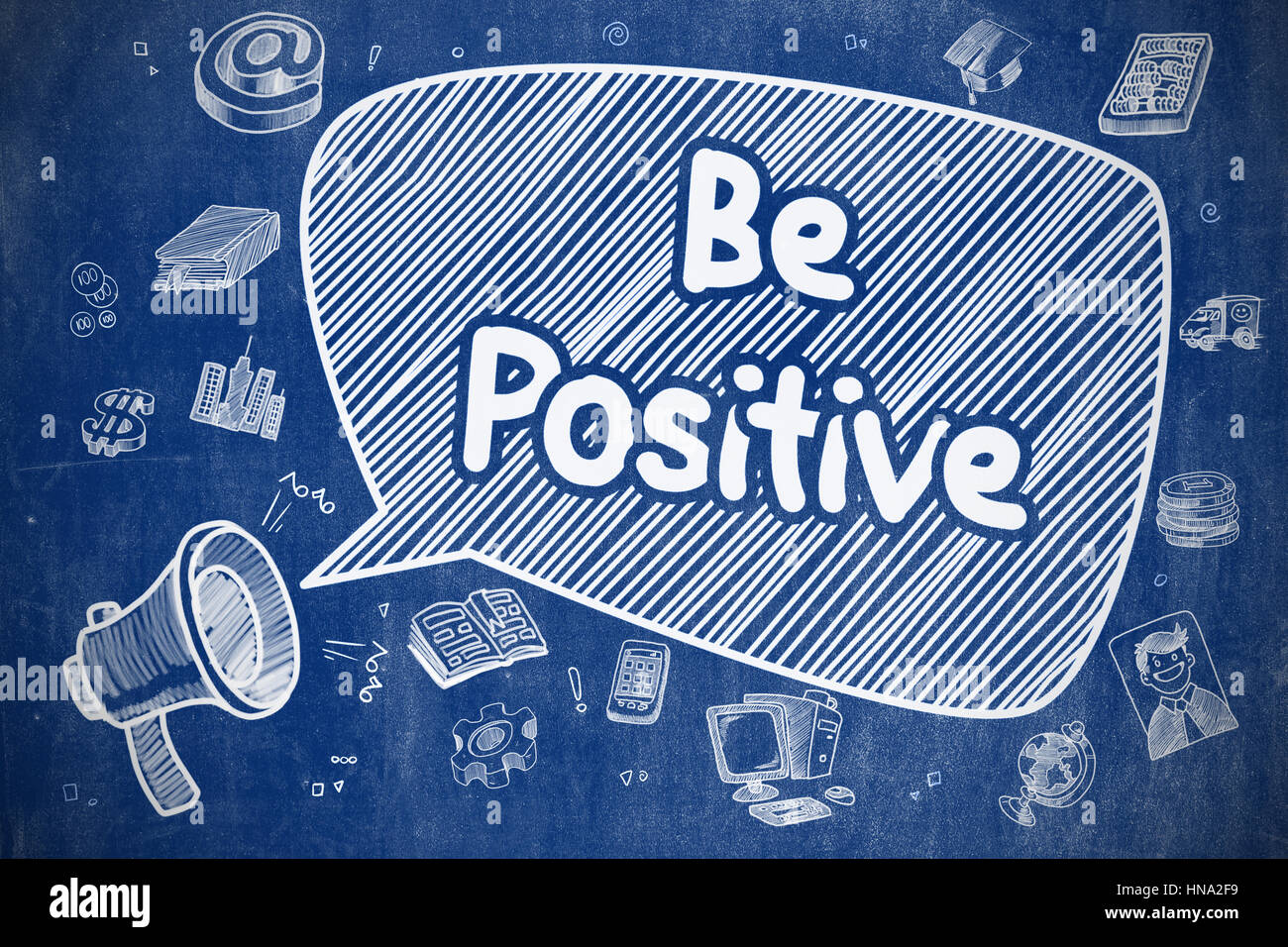 Be Positive - Cartoon Illustration on Blue Chalkboard Stock Photo - Alamy