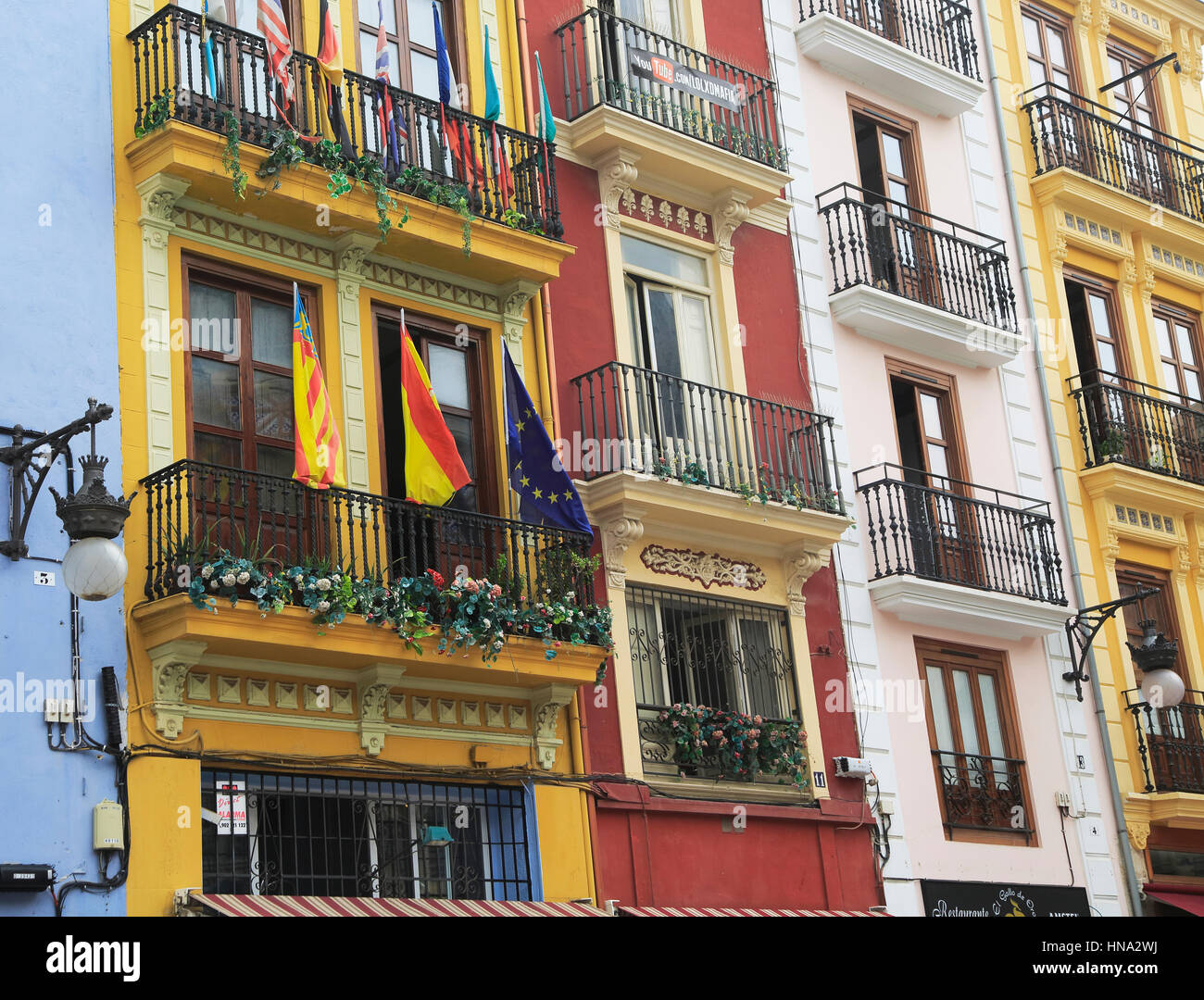 Historic narrow buildings in city centre, Valencia, Spain Stock Photo ...
