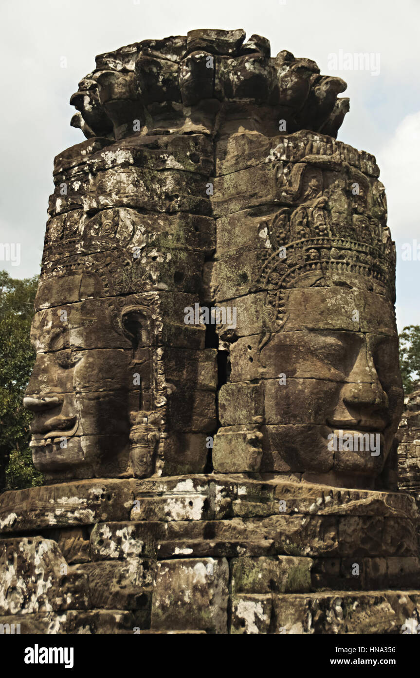 Face towers of the Bayon temple, In the center of Angkor Thom , Siem ...