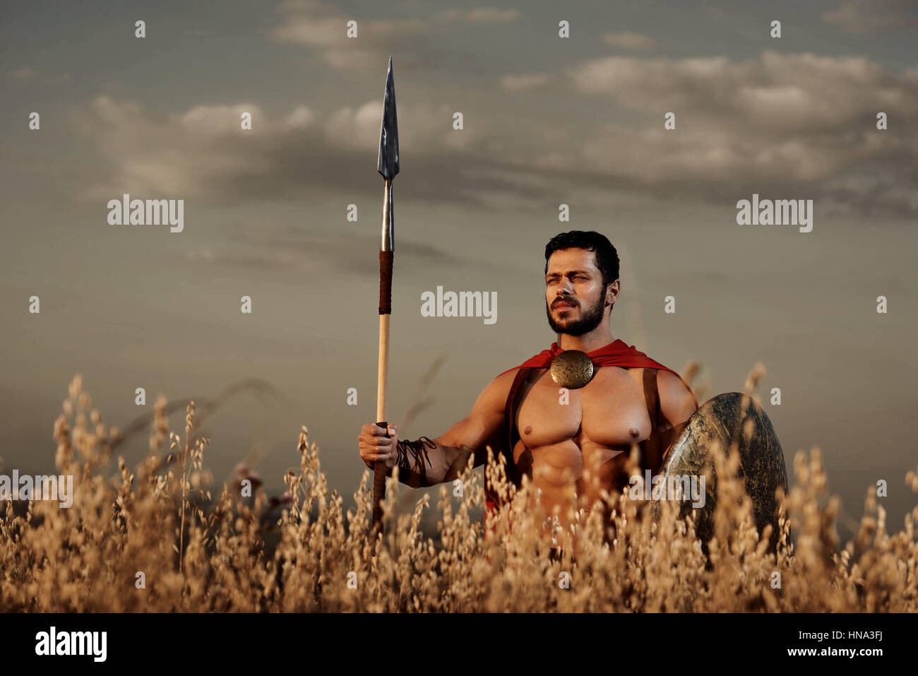 Warrior wearing in red cloak and armor like spartan Stock Photo - Alamy