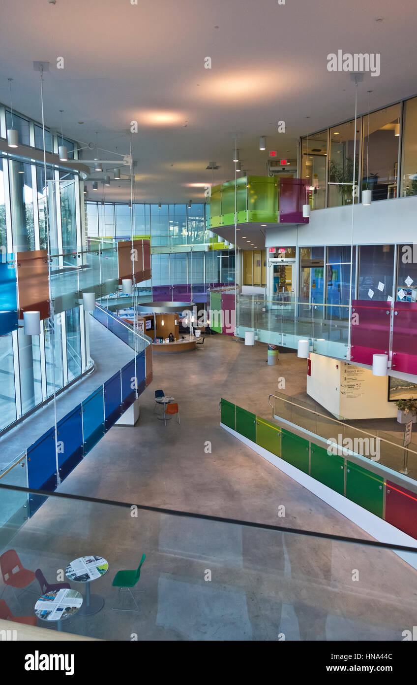 Large glass atrium lobby of the Blusson Spinal Cord Centre in Vancouver ...