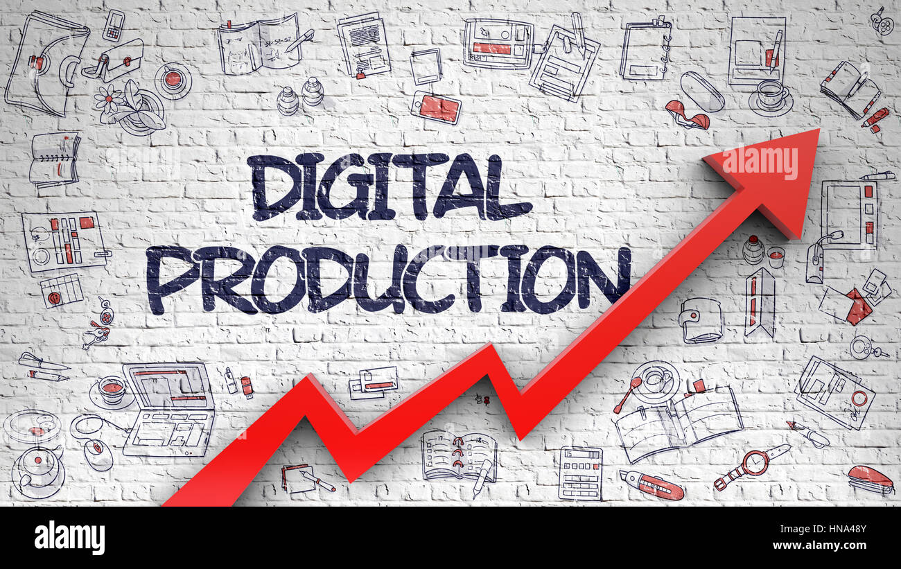 Digital Production Drawn on White Brickwall Stock Photo - Alamy