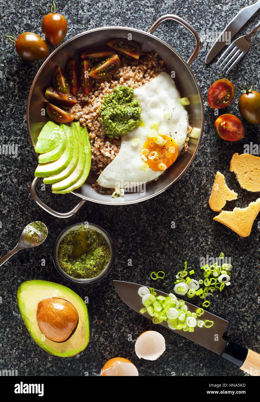 vegetarian Breakfast of Eggs, Avocados, tomatoes and buckwheat. Healthy ...