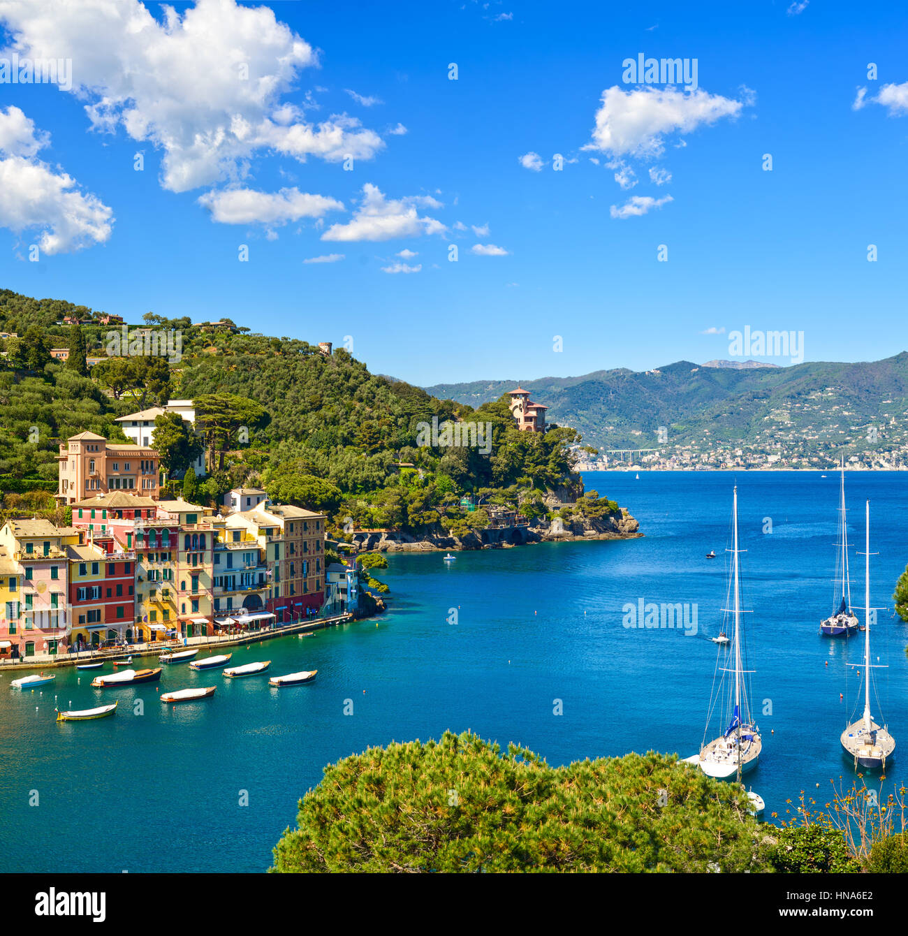 Portofino luxury landmark aerial panoramic view. Village and yacht in ...