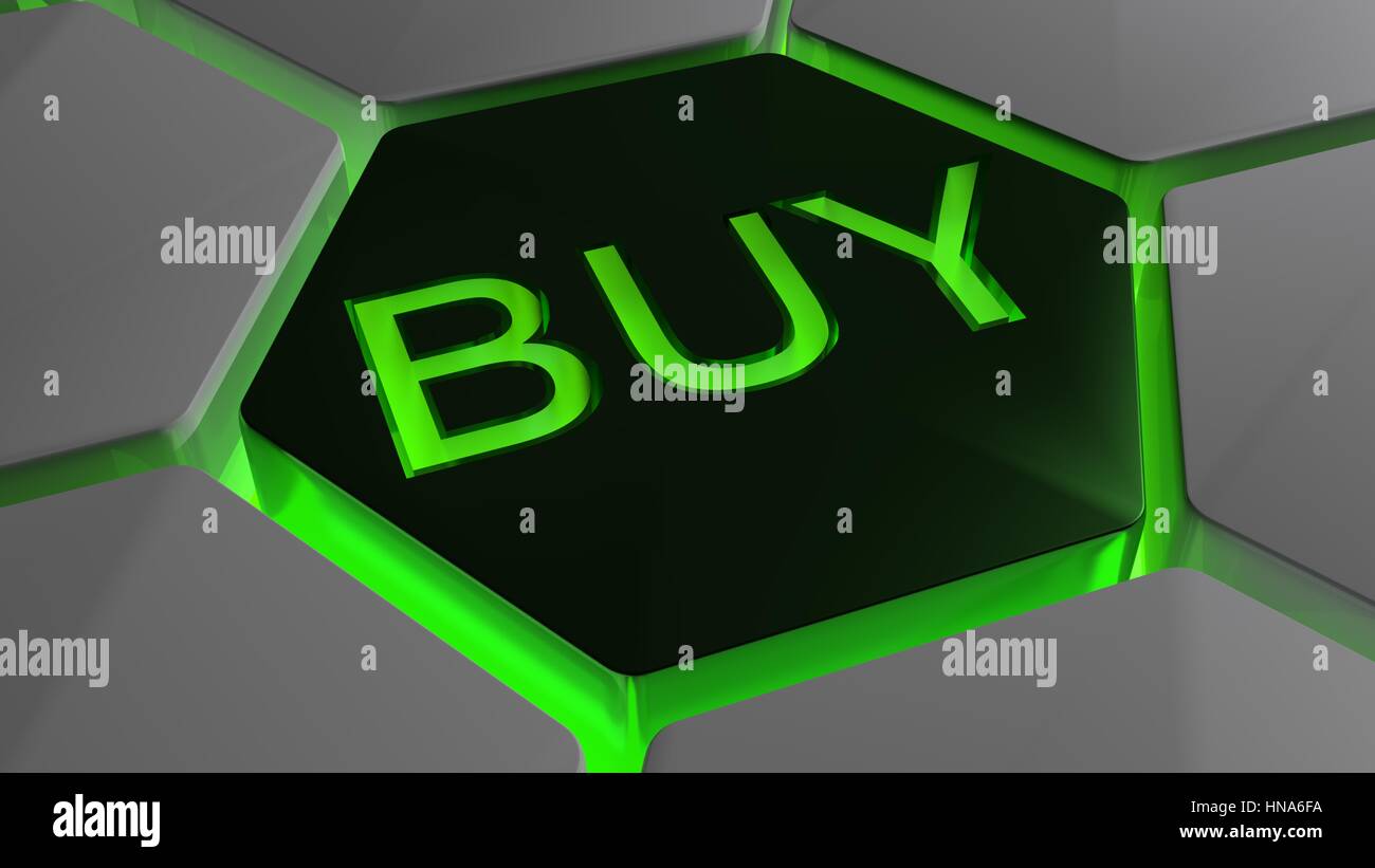 BUY on futuristic hexagon in green backlight Stock Photo - Alamy