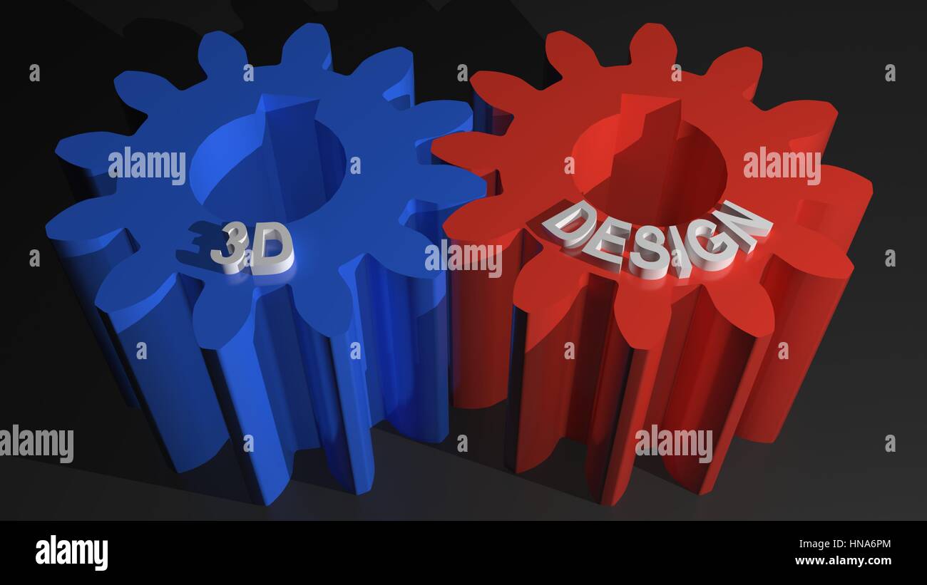 Mating gears with the write "3D" and "DESIGN Stock Photo - Alamy