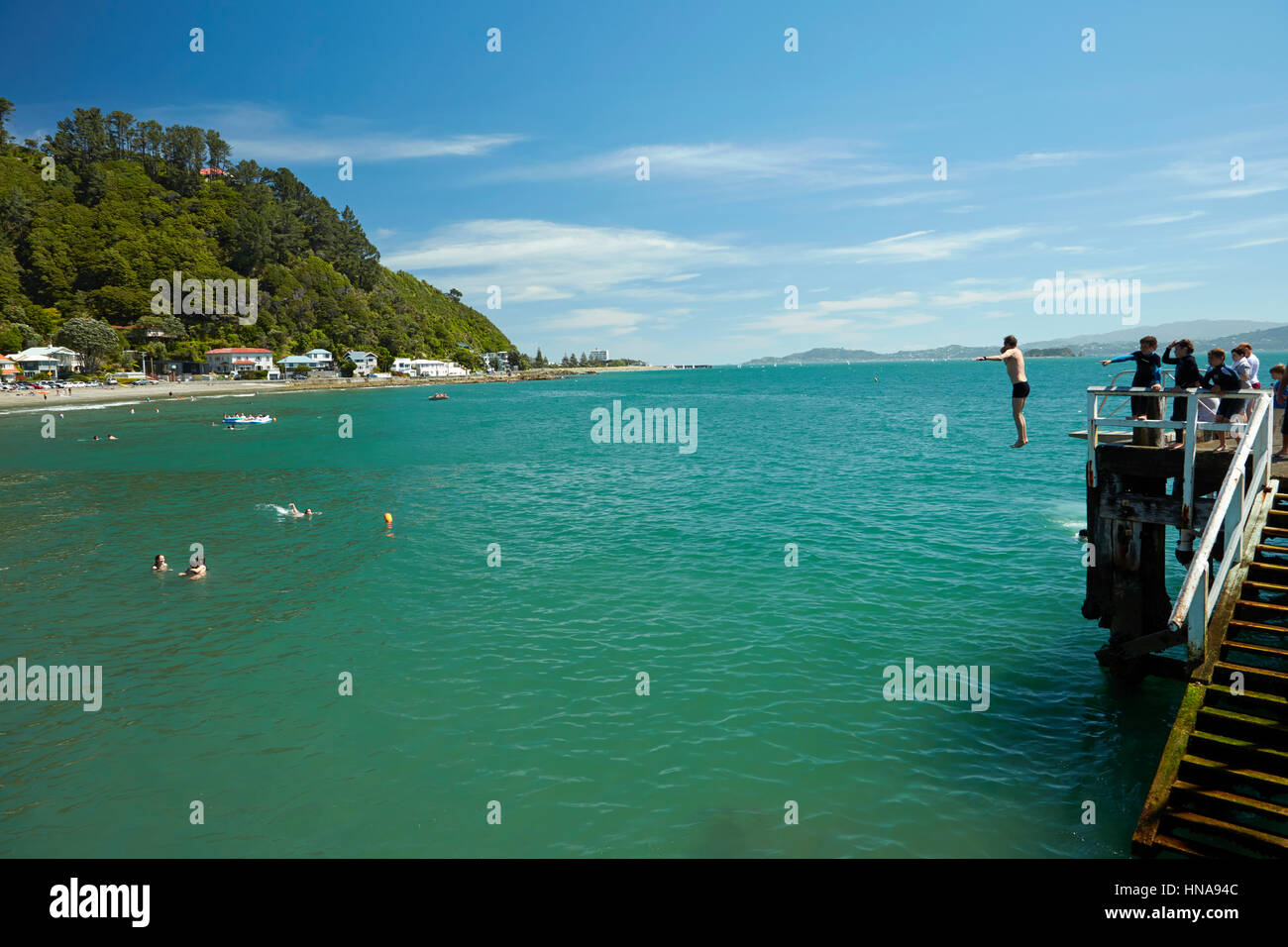 Swimmers jumping of the wharf at Days Bay, Eastbourne, Wellington ...