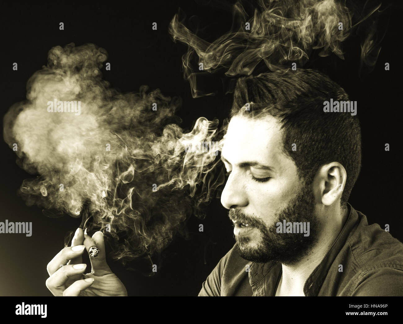 Man Smoking Cigar surrounded by Smoke / short bearded man with a ...