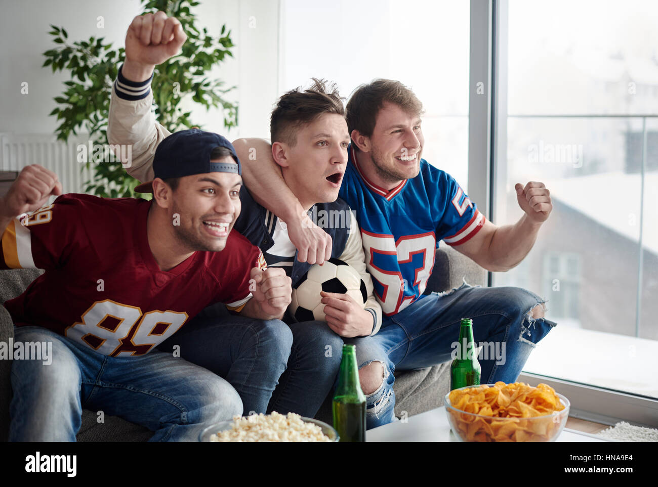 Shot of hardcore soccer fans celebrating Stock Photo - Alamy