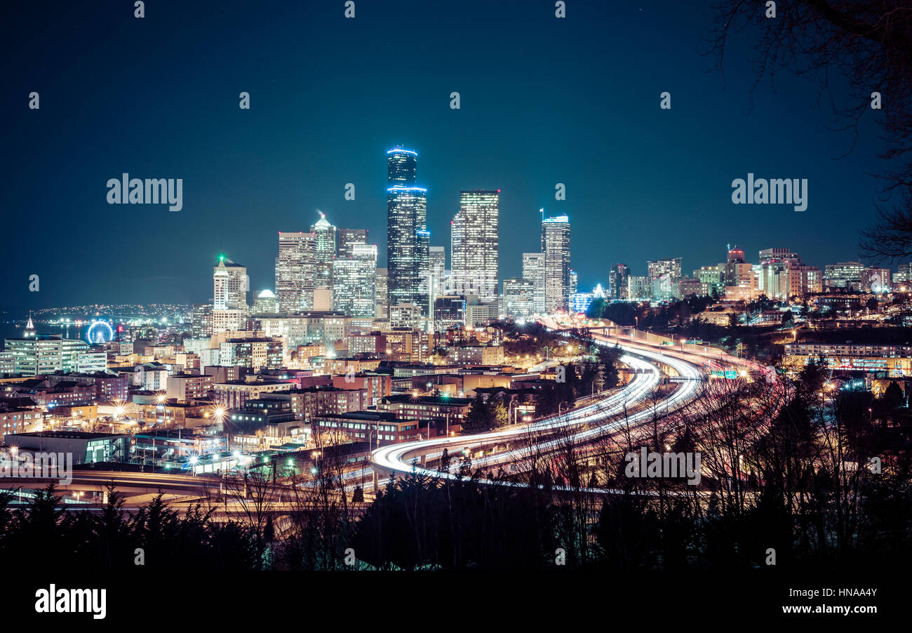 Seattle cityscape at night with traffic light on freeway,Washington,usa ...