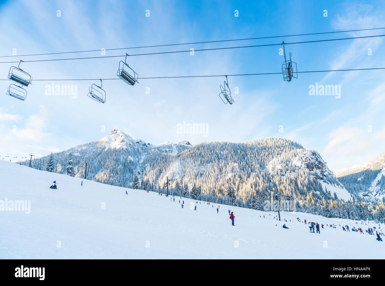 beautiful ski lift over snow mountain in ski resort with blue sky ...