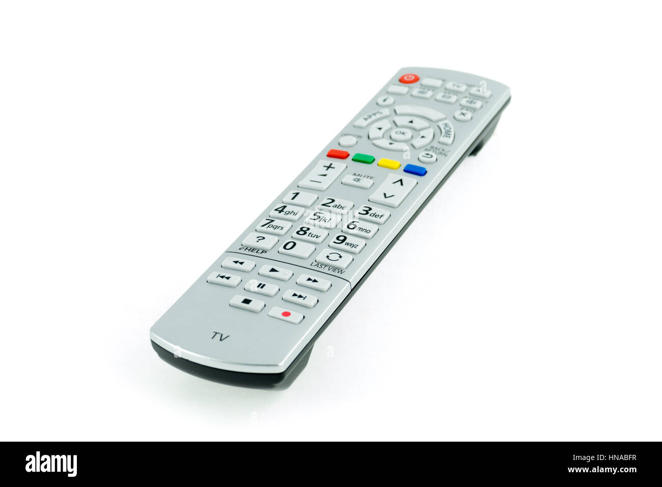 Modern silver high-end TV controller isolated over white background ...