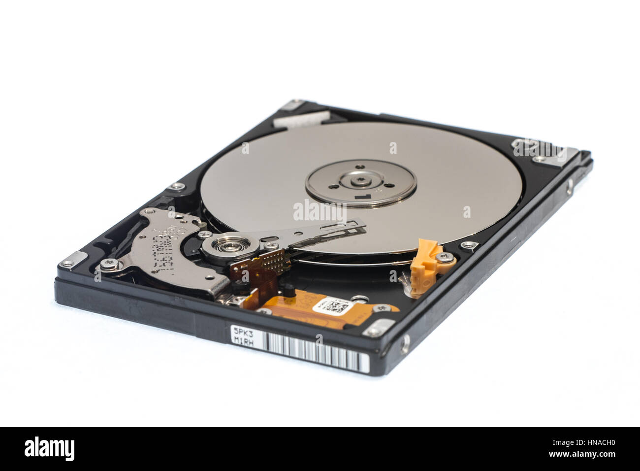 Close up inside of 2.5" computer disk drive HDD isolated on white ...