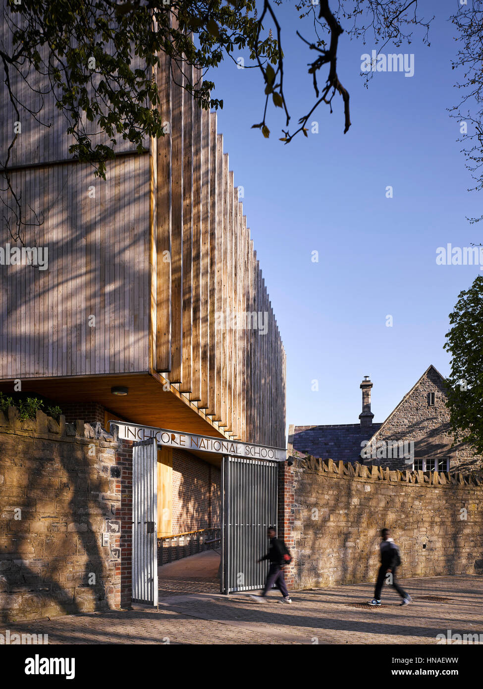 Wide view of school entrance showing school children. Inchicore Model ...