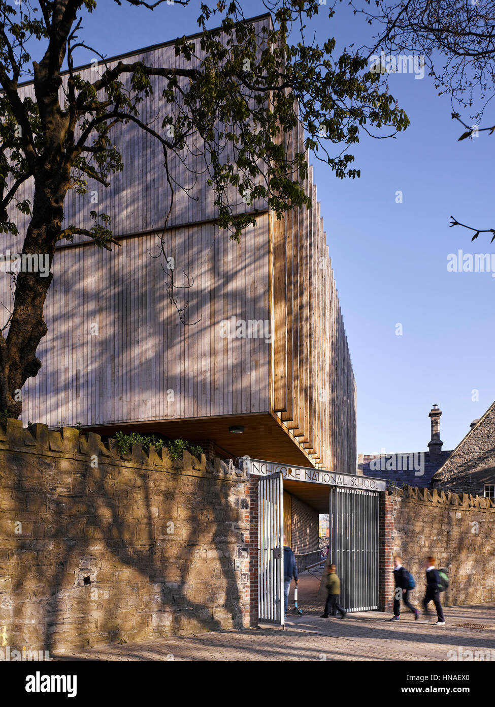 Wide view of school entrance showing school children. Inchicore Model ...