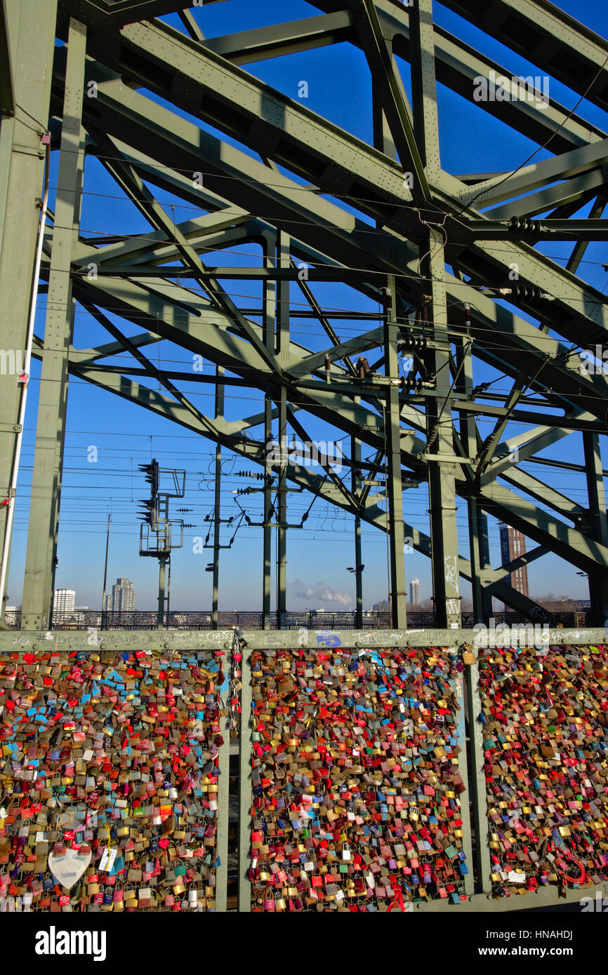 Detail of Hohenzollern bridge, with many love locks fixed at the ...