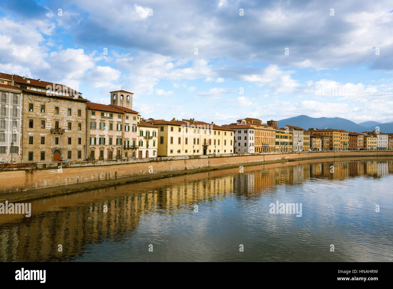 Pisa view. Buildings along Arno river. Italian landmark, Tuscany Stock ...